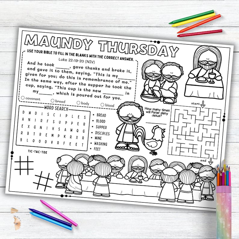 Maundy Thursday Activity Placemat, Holy Week, Lenten Season Coloring ...