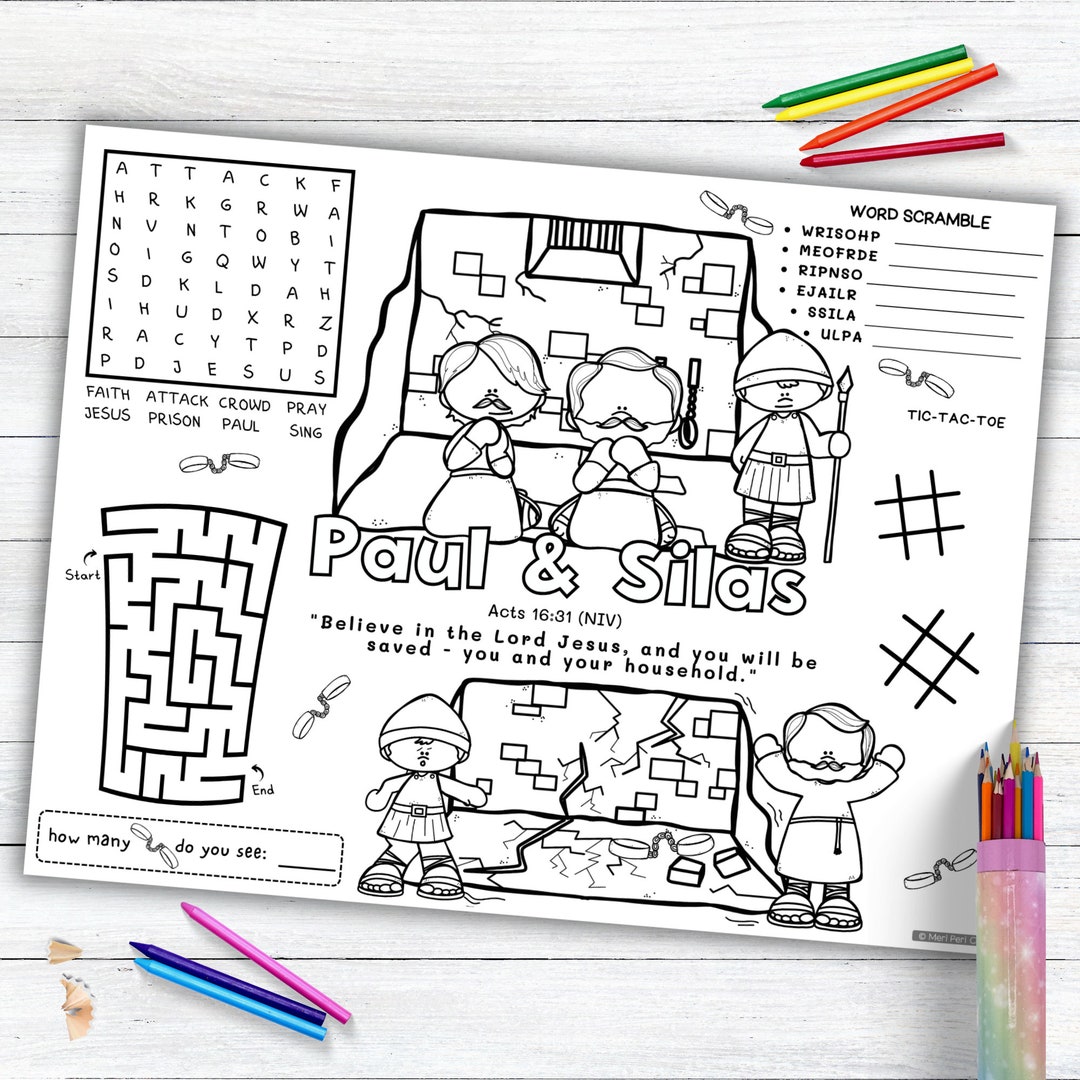 Paul and Silas Activity Placemat, Bible Story Coloring Placemat as ...