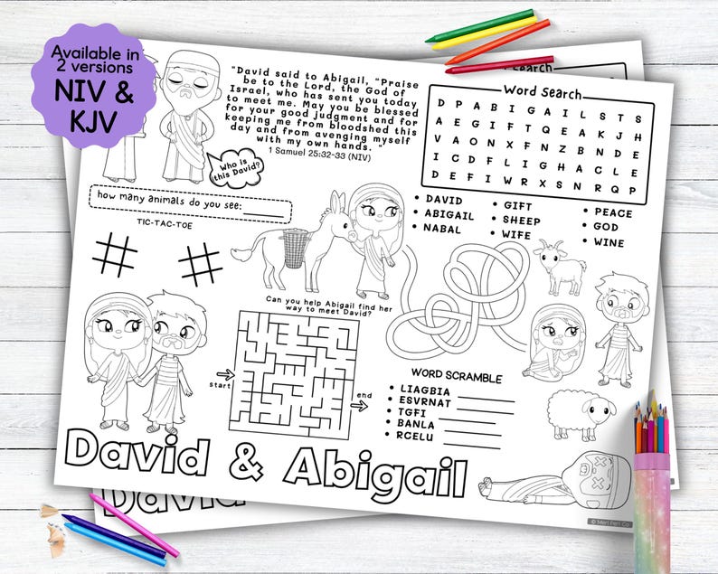David and Abigail Activity Placemat, Bible Story Coloring Placemat as ...