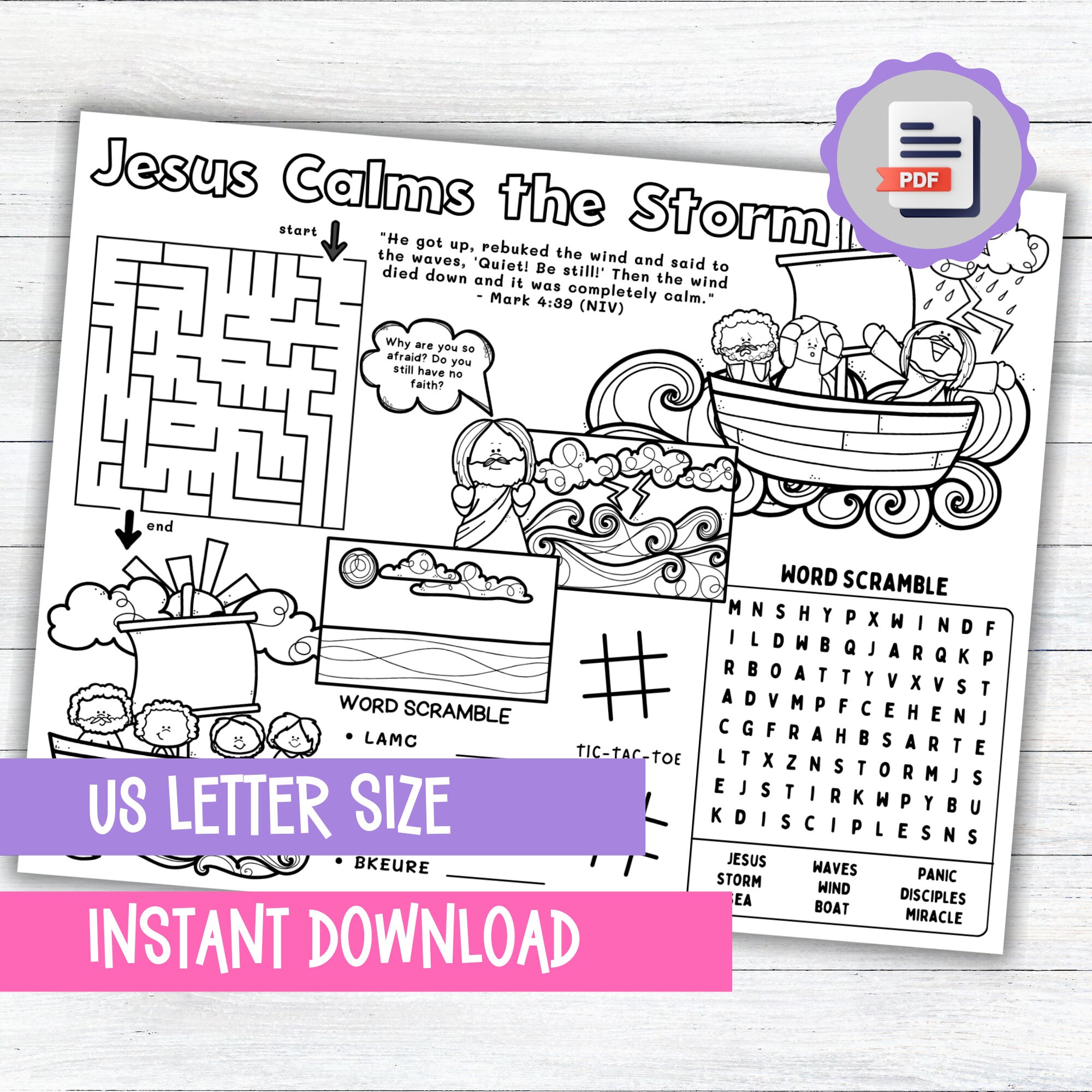 Jesus Calms the Storm Activity Placemat, Jesus Bible Story Coloring ...
