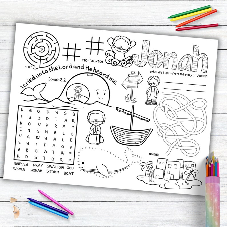 Jonah and the Whale Activity Placemat, Bible Story Coloring Placemat as ...