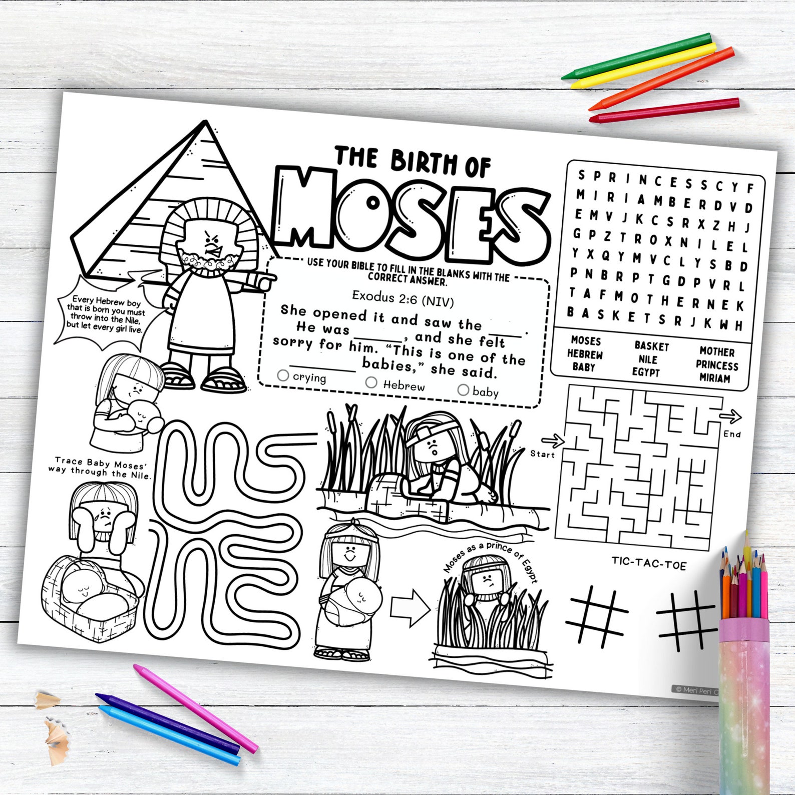 Birth of Moses Activity Placemat, Bible Story Coloring Placemat as Kids ...