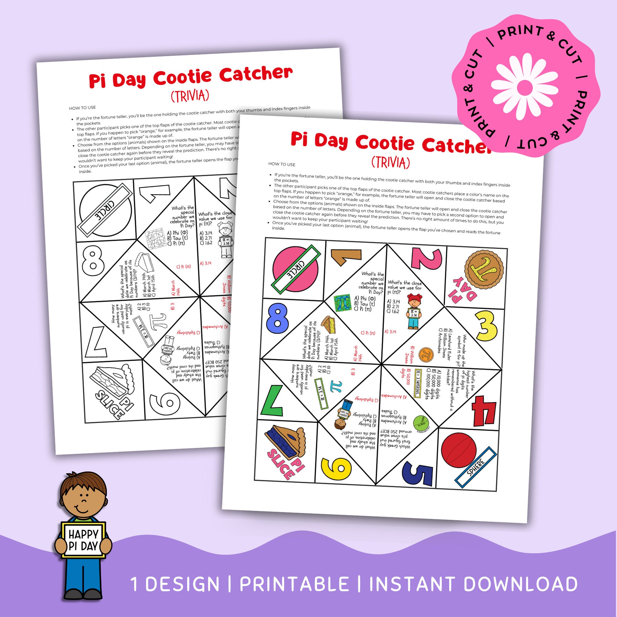 Pi Day Cootie Catcher - Pie Day, March 14 Paper Fortune Teller Game for ...