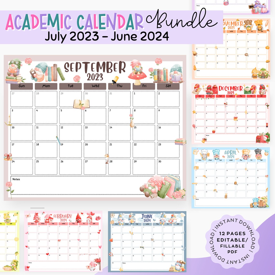 Academic Calendar 2023-2024 Gnome Calendar, Editable/fillable Gnome ...