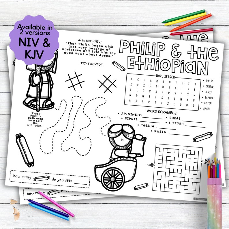 Philip and the Ethiopian Activity Placemat, Jesus Bible Story Coloring ...