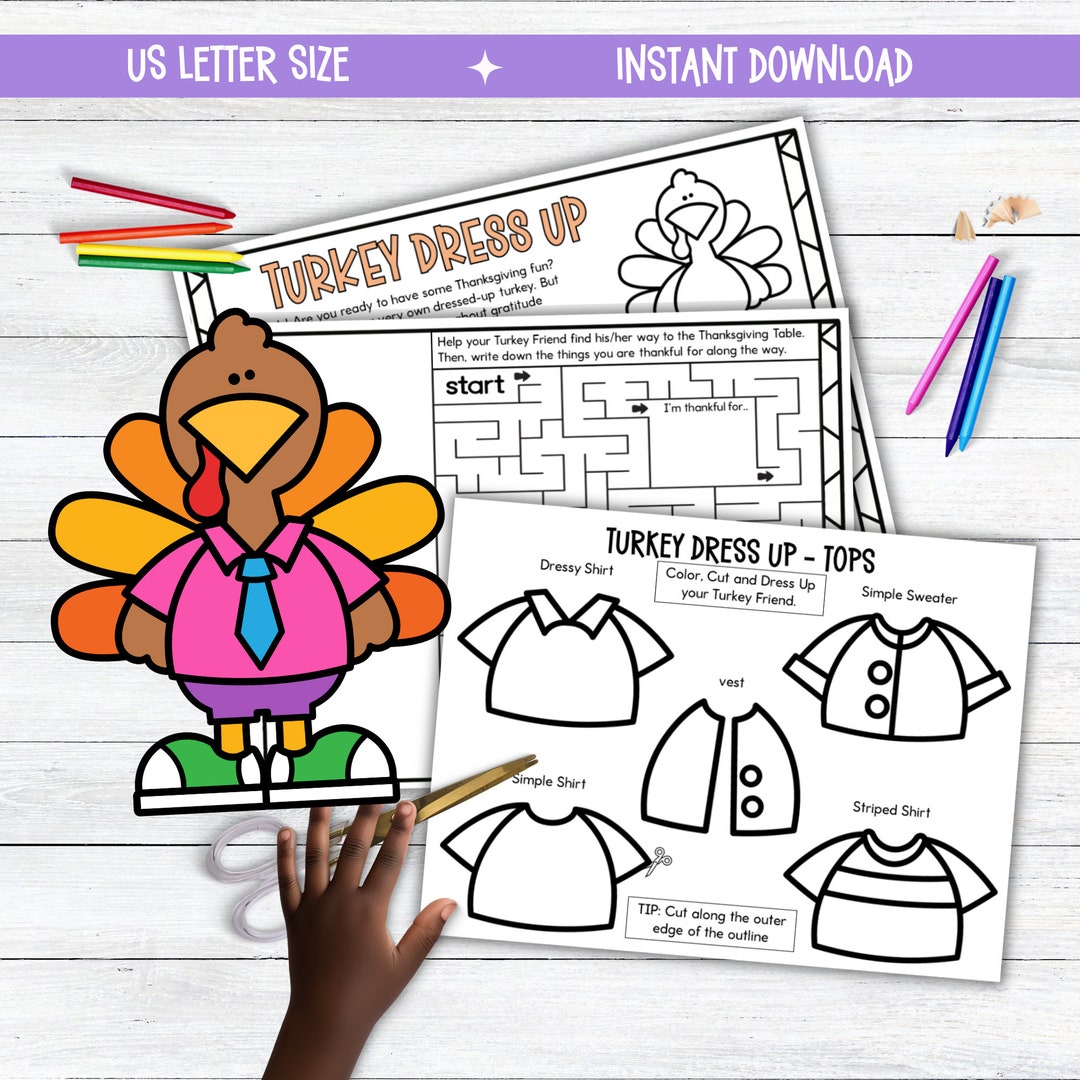Turkey Dress Up Activity Kit For Kids Thanksgiving Craft And Coloring