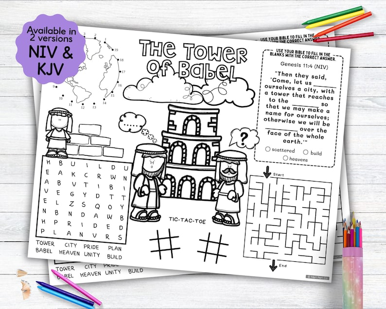 Tower of Babel Activity Placemat, Bible Story Coloring Placemat as Kids ...