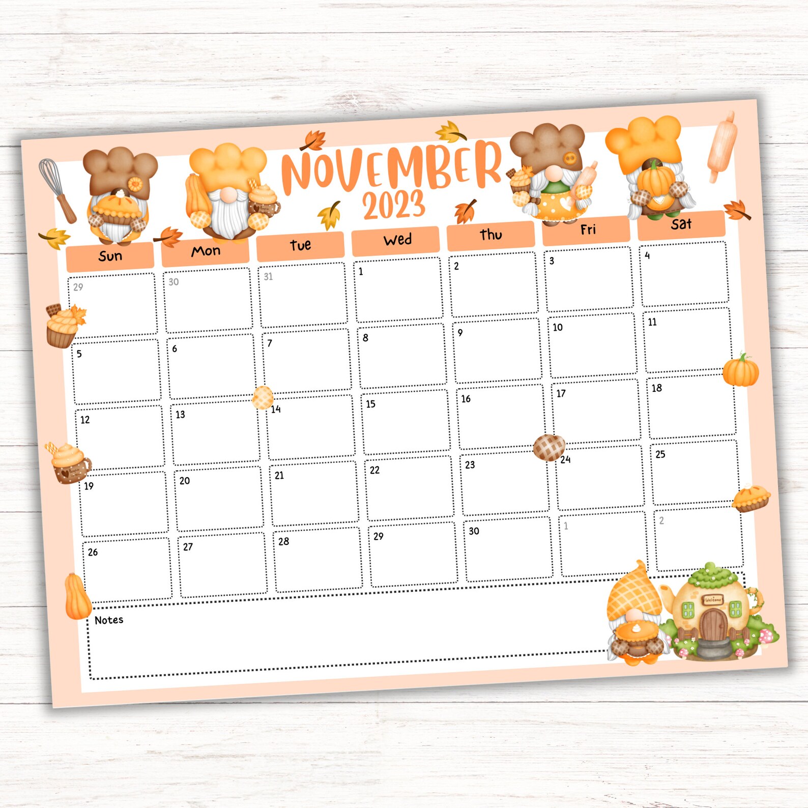 November 2023 Gnome Calendar, Editable Pumpkin Gnome Monthly Calendar ...