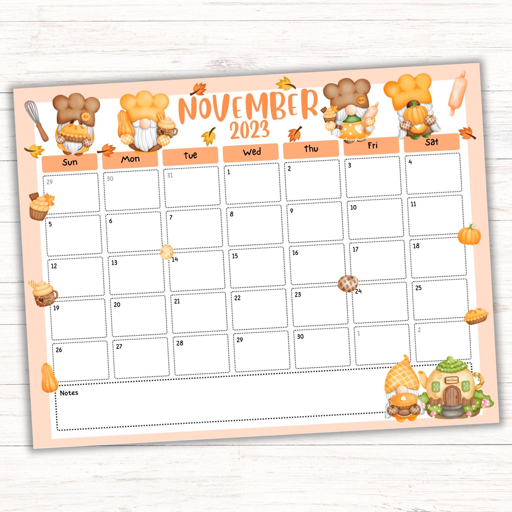 November 2023 Gnome Calendar, Editable Pumpkin Gnome Monthly Calendar ...
