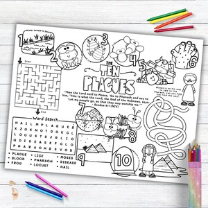 The Ten Plagues, Moses Bible Story, Passover Coloring Placemat as Kids ...
