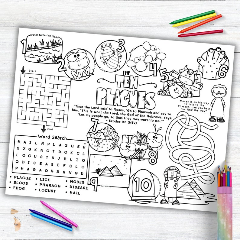 The Ten Plagues, Moses Bible Story, Passover Coloring Placemat as Kids ...
