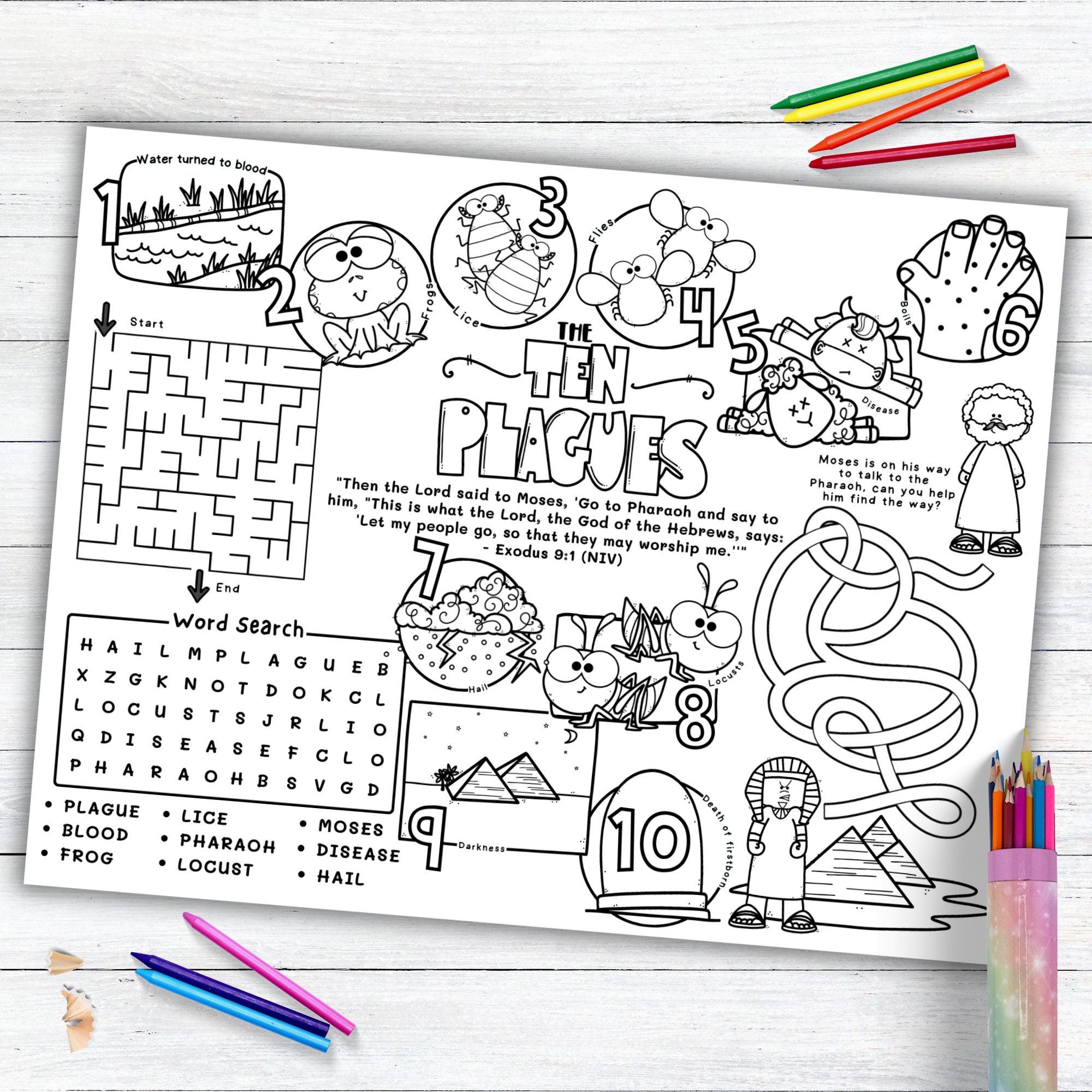 The Ten Plagues, Moses Bible Story, Passover Coloring Placemat as Kids ...