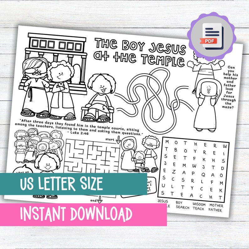 The Boy Jesus at the Temple Activity Placemat, Jesus Bible Story ...