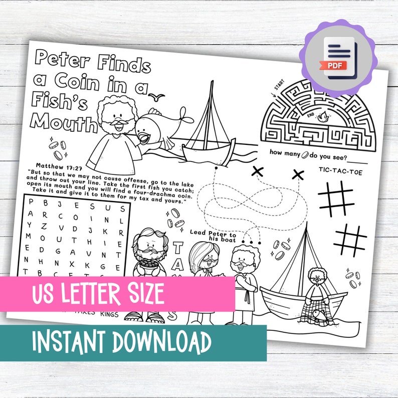 Peter Finds a Coin in a Fish's Mouth Activity Placemat, Bible Story ...