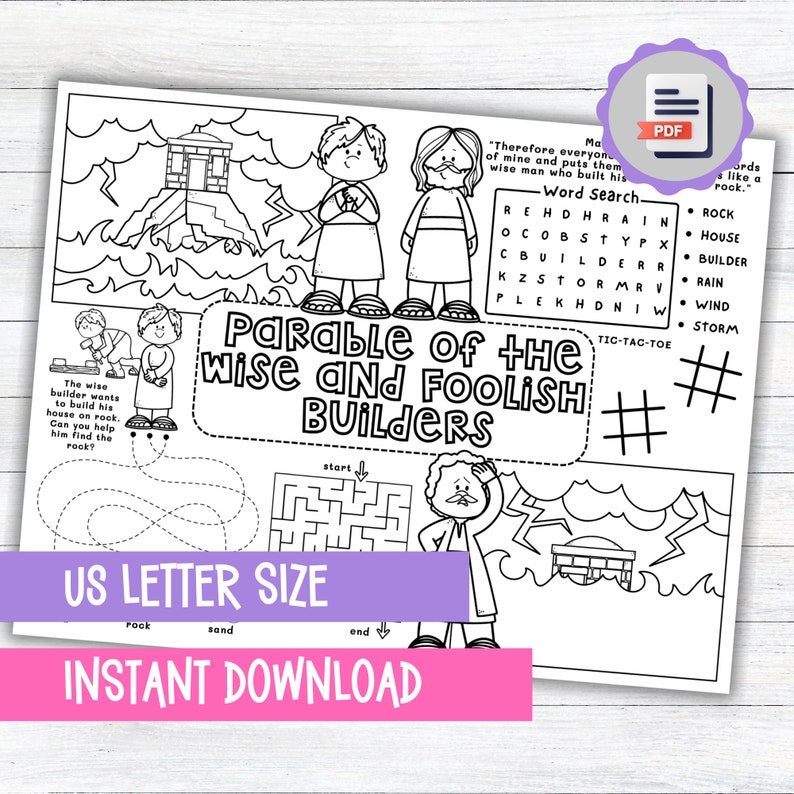 Parable of the Wise & Foolish Builders Activity Placemat, Bible Story ...