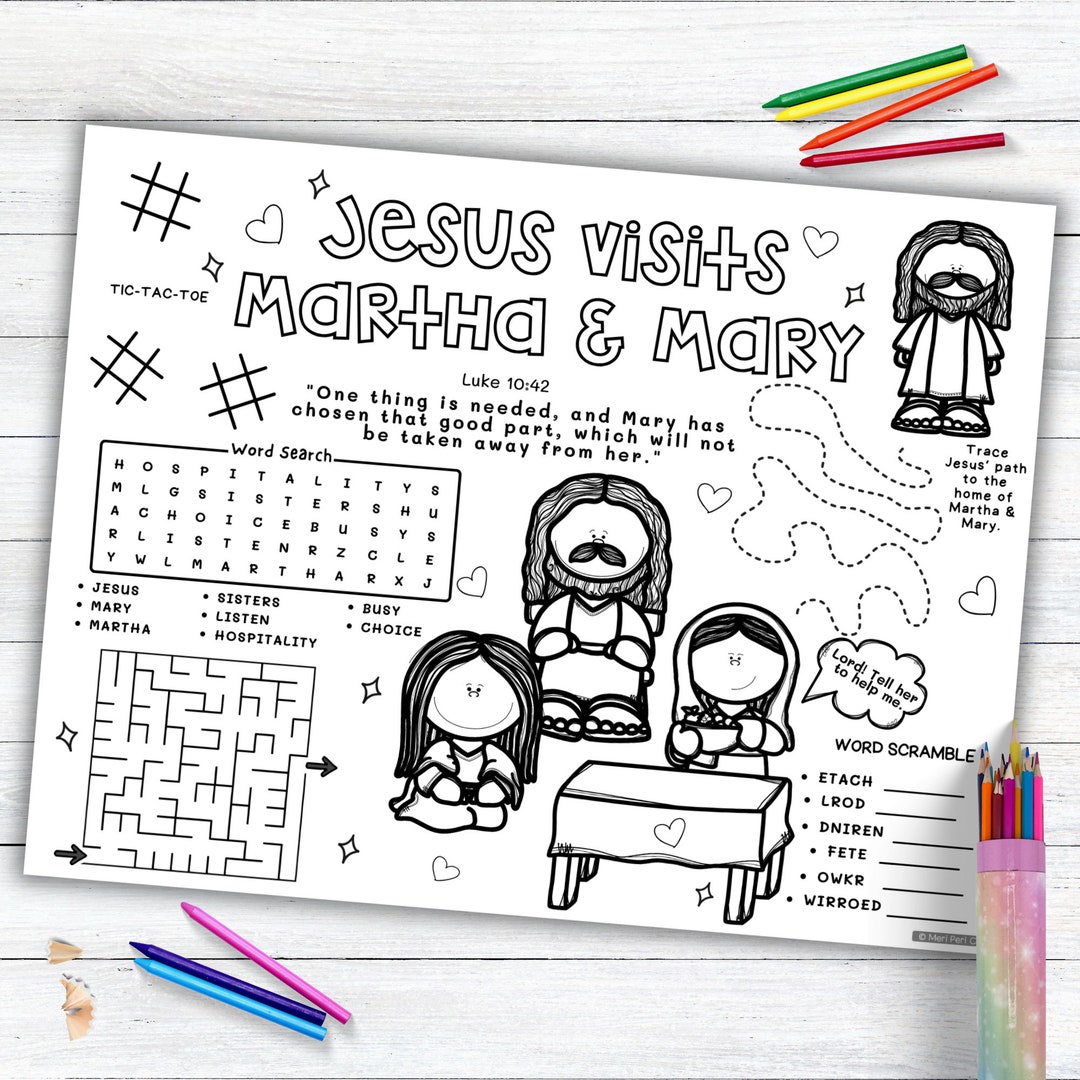 Jesus Visits Martha and Mary Activity Placemat, Bible Story Coloring ...