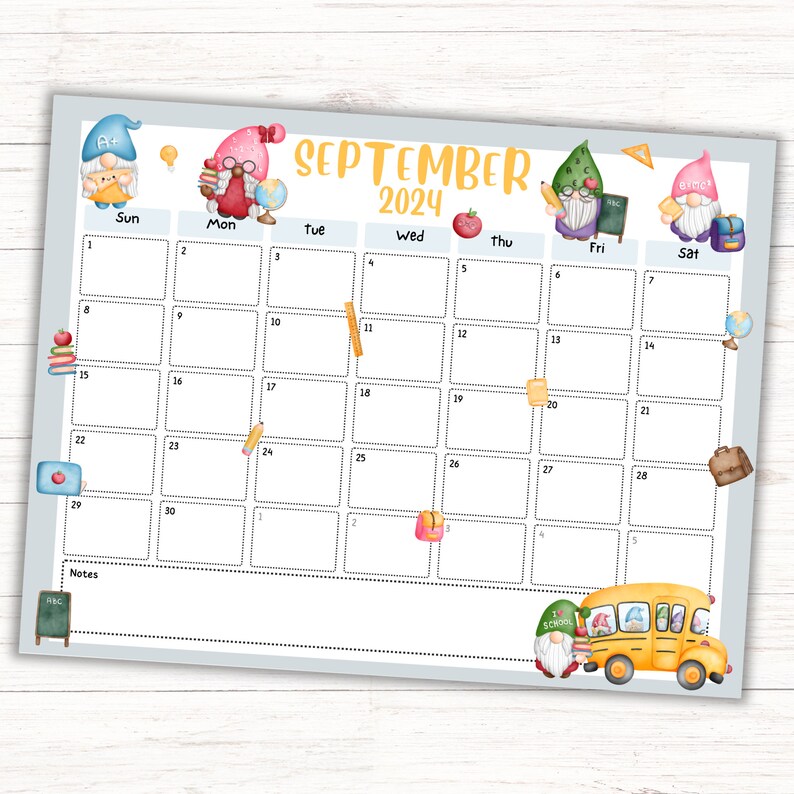September 2024 School Gnome Calendar, EDITABLE/FILLABLE Back-to-school ...