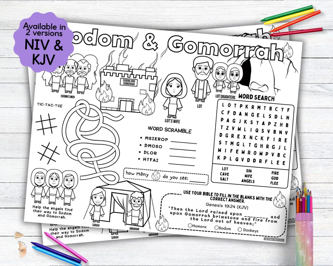Sodom and Gomorrah Activity Placemat, Old Testament Bible Coloring as ...
