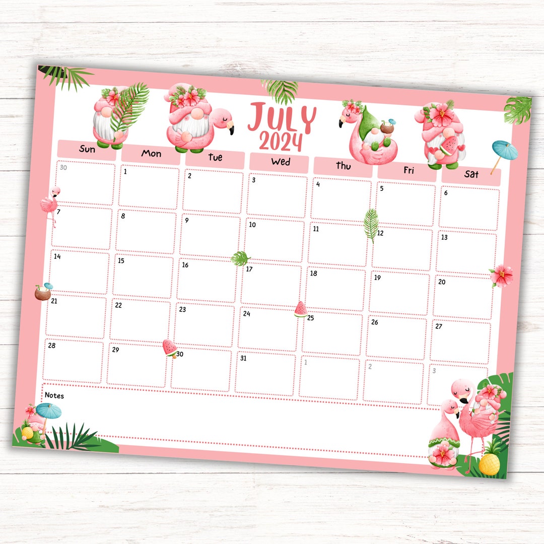 July 2024 Flamingo Gnome Calendar, EDITABLE/FILLABLE Flamingo Gnome ...