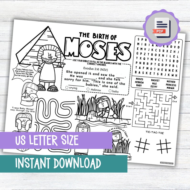 Birth of Moses Activity Placemat, Bible Story Coloring Placemat as Kids ...