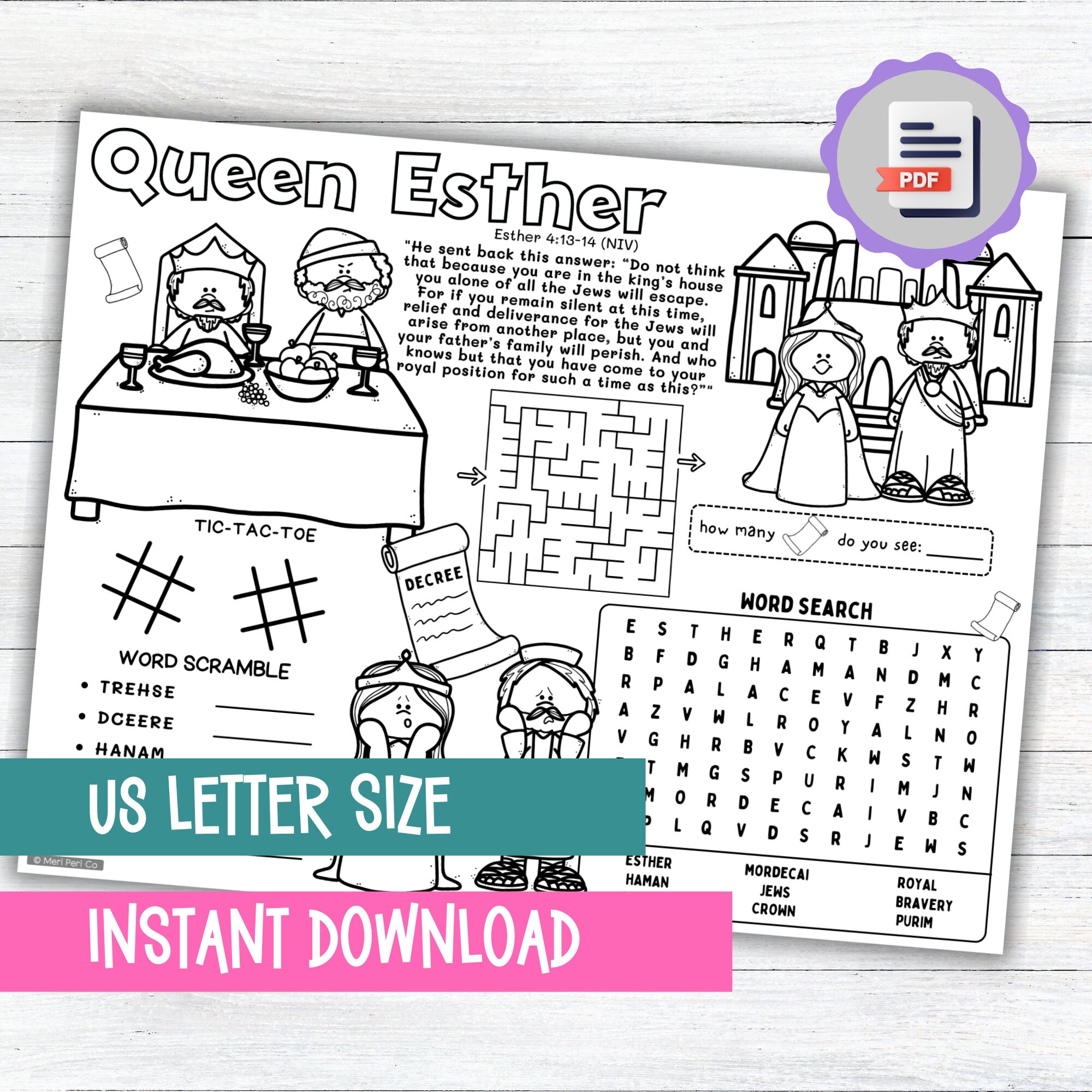 Queen Esther Activity Placemat, Bible Story Coloring Placemat as Kids ...