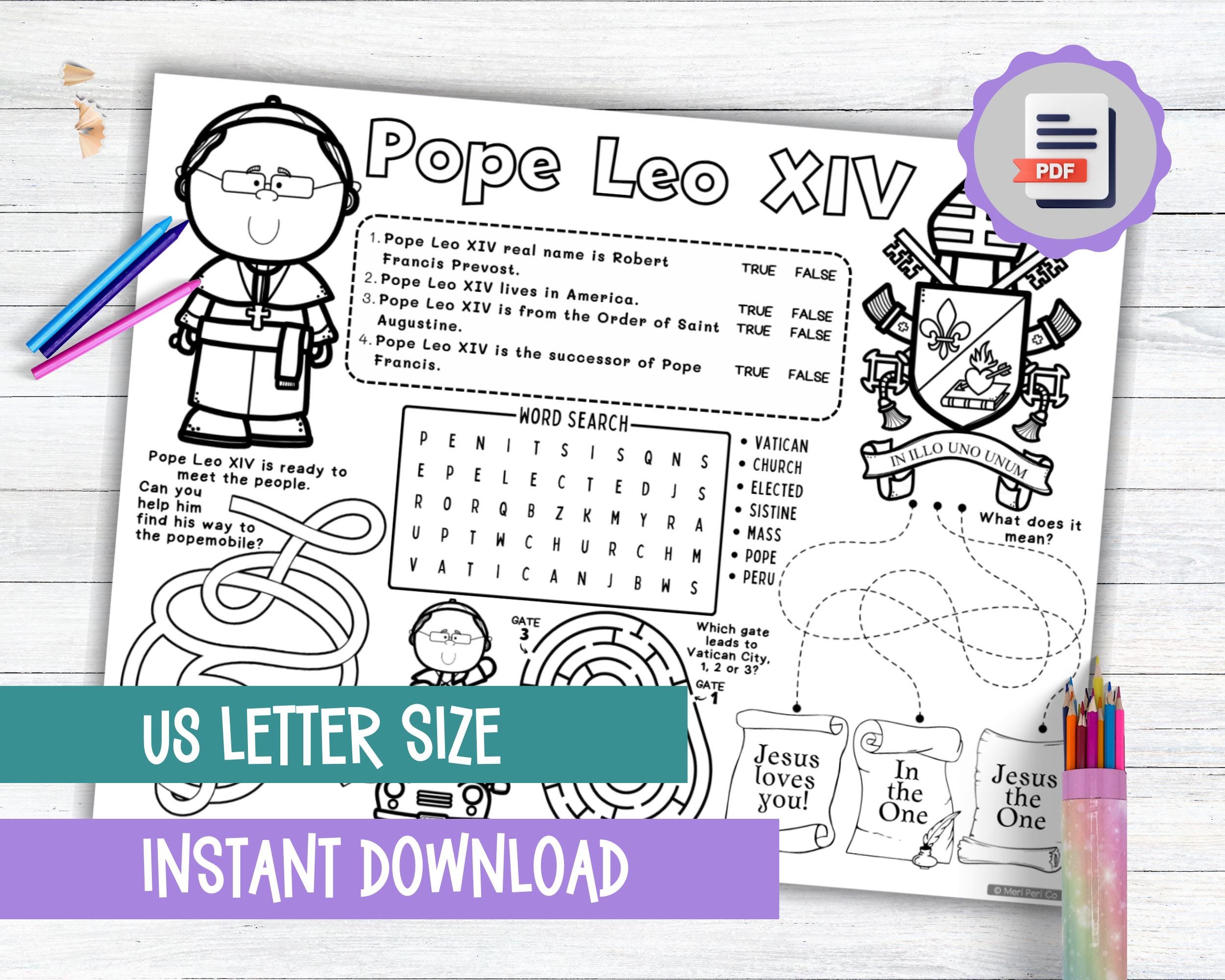 Pope Leo XIV, New Pope Catholic Activity Placemat for Kids | Printable ...