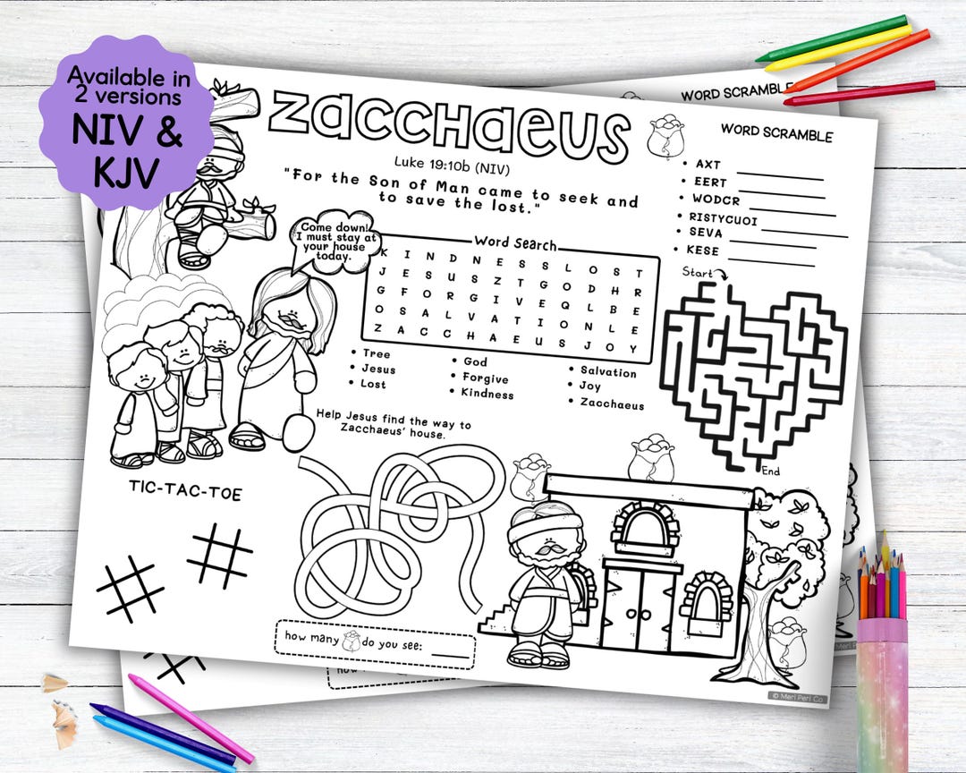 Zacchaeus Activity Placemat, Life of Jesus Bible Story Coloring ...