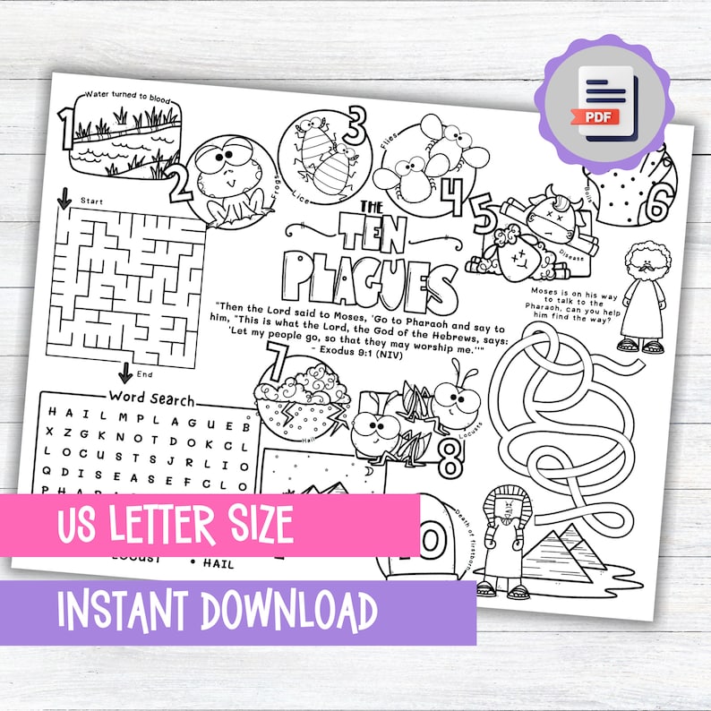The Ten Plagues, Moses Bible Story, Passover Coloring Placemat as Kids ...