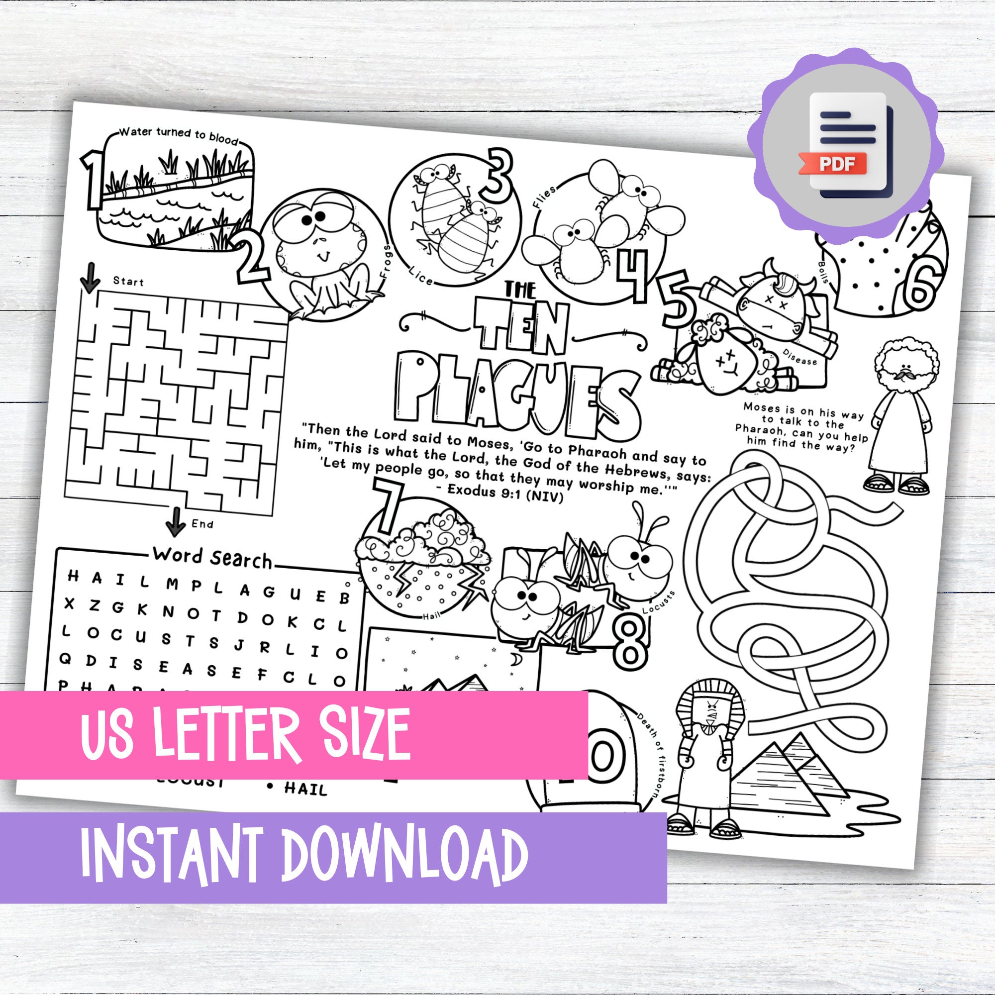 The Ten Plagues, Moses Bible Story, Passover Coloring Placemat as Kids ...