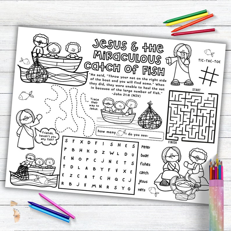 Jesus & Miraculous Catch of Fish Activity Placemat, Jesus Bible Story ...