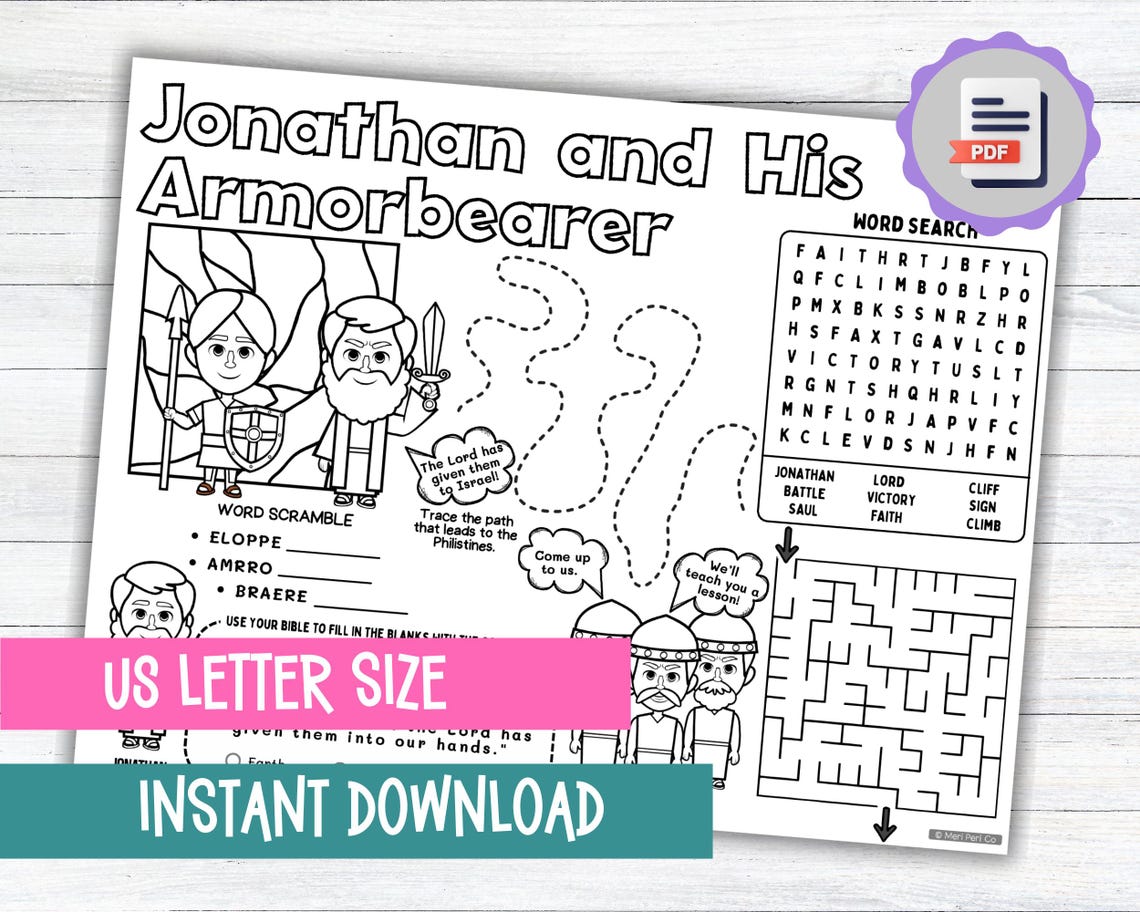 Jonathan and His Armorbearer Activity Placemat, King Saul Bible Story ...