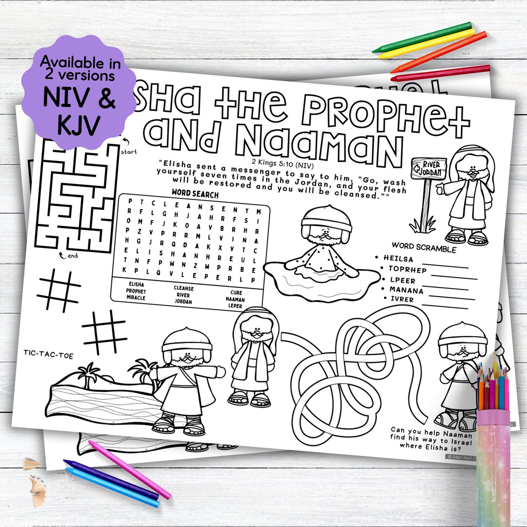 Elisha the Prophet and Naaman Activity Placemat, Bible Story Coloring ...