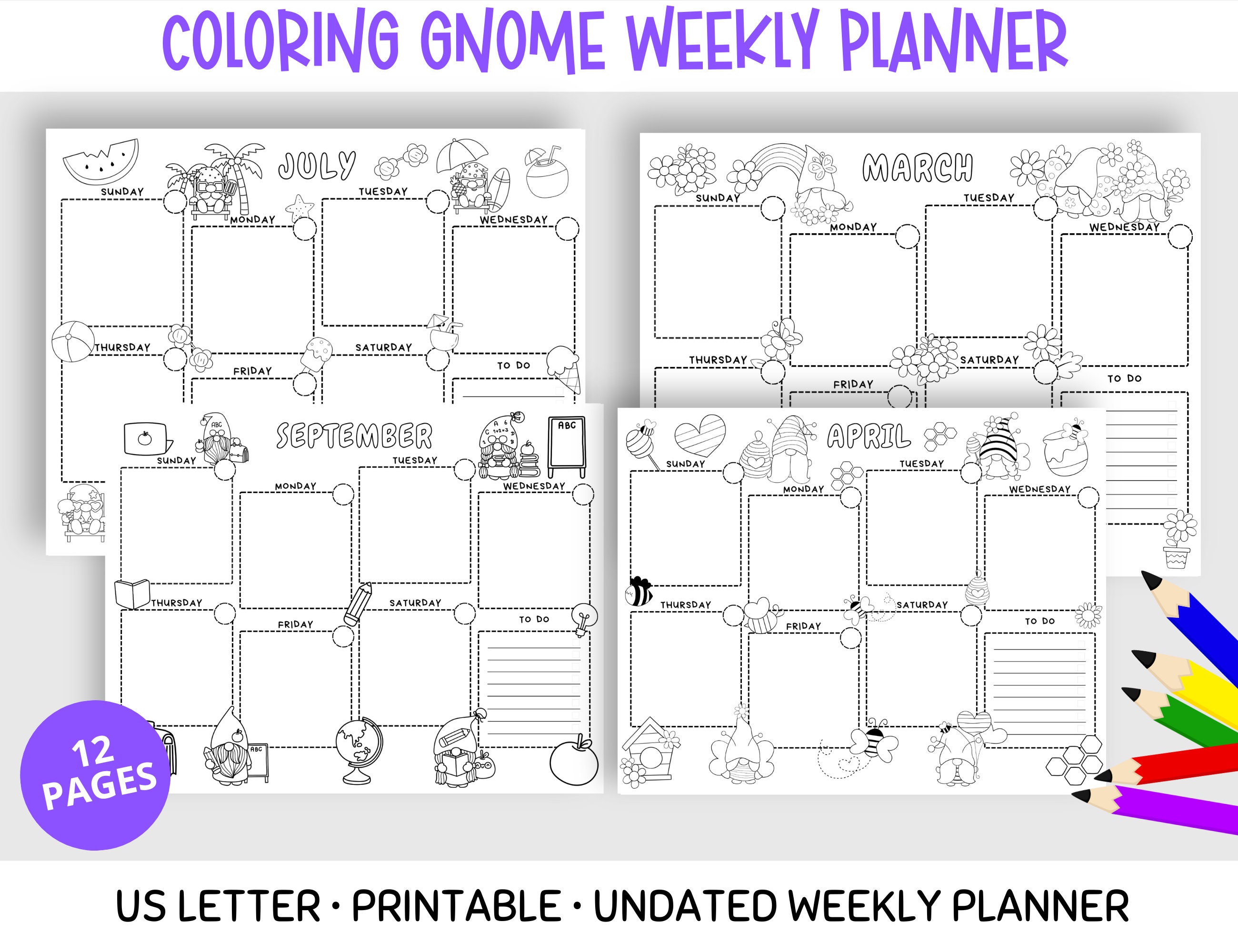 2024 Coloring Gnome Calendar - Printable Coloring Monthly Calendar and ...