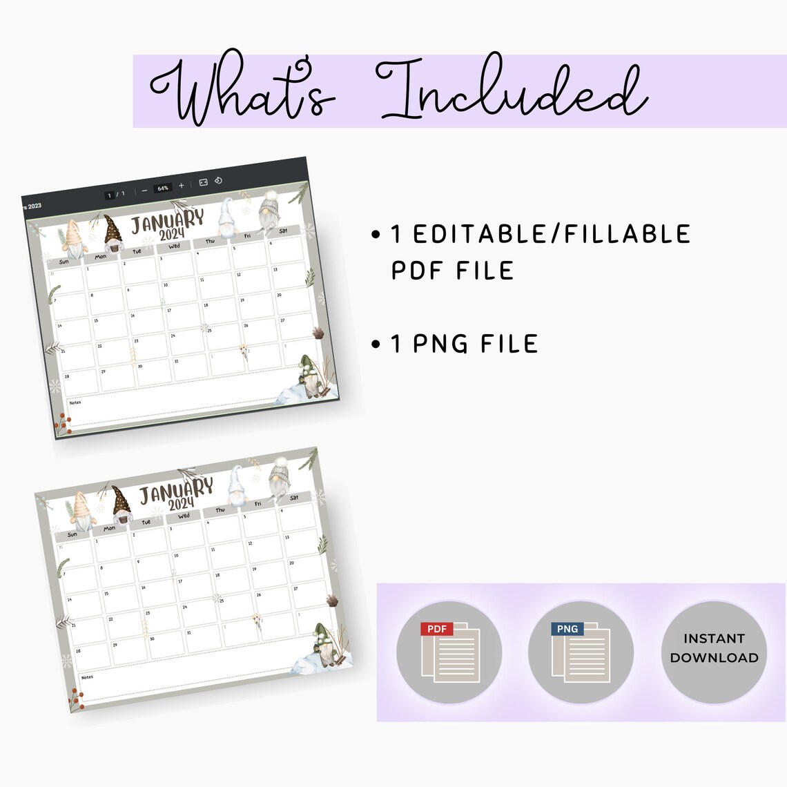 January 2024 Winter Gnome Calendar, EDITABLE/FILLABLE Winter Gnome ...