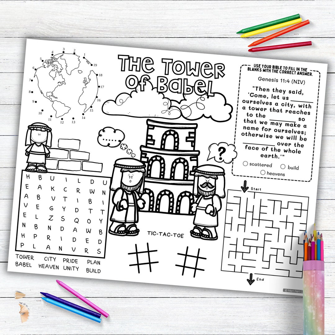 Tower of Babel Activity Placemat, Bible Story Coloring Placemat as Kids ...