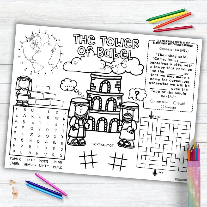 Tower of Babel Activity Placemat, Bible Story Coloring Placemat as Kids ...