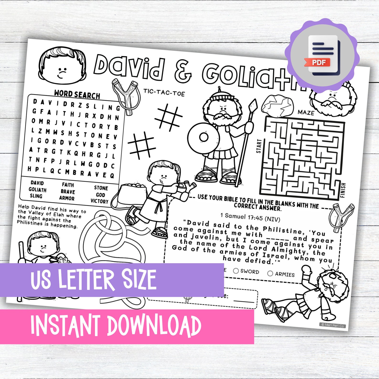 David & Goliath Activity Placemat, Old Testament Bible Story Coloring ...