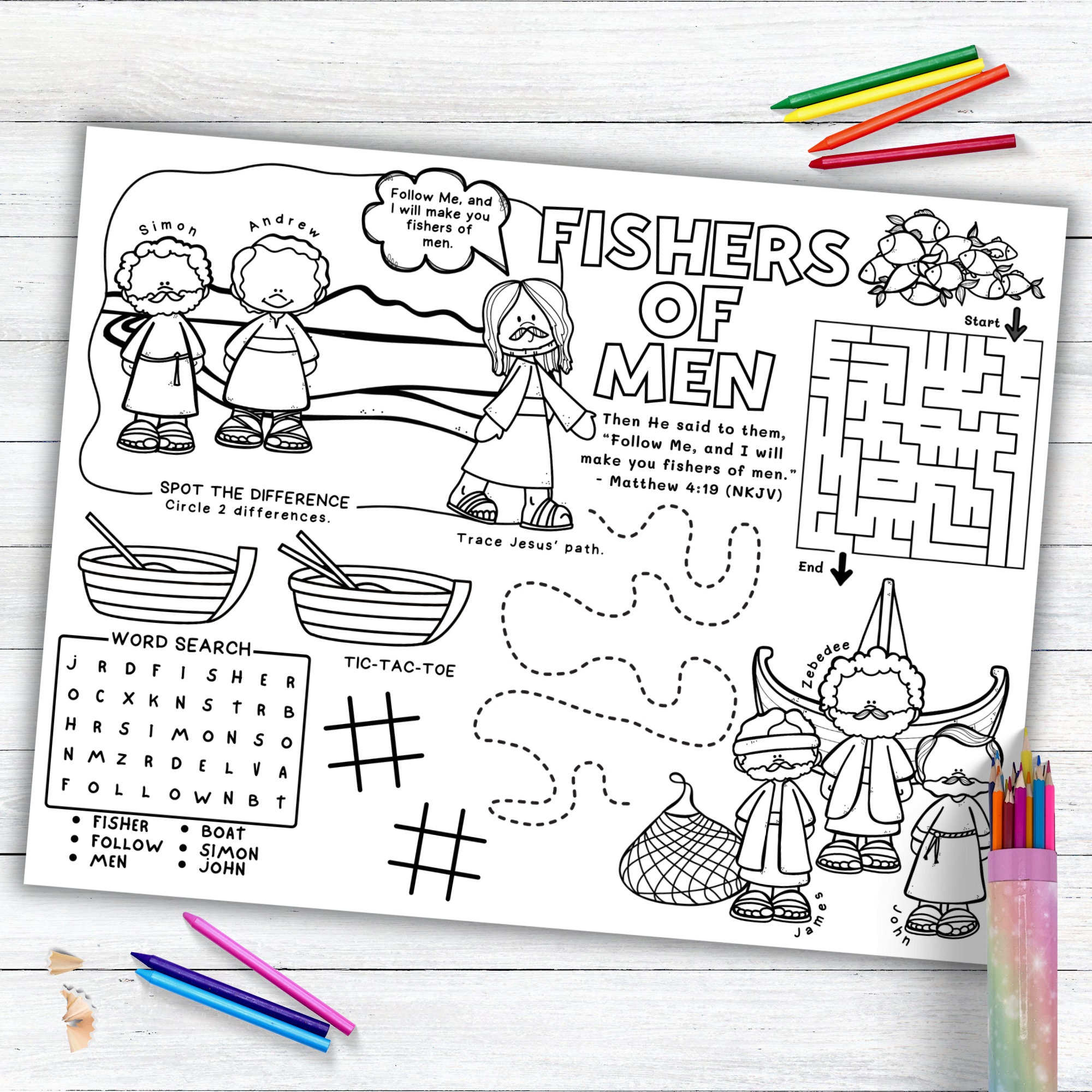 Fishers of Men Activity Placemat, Life of Jesus Bible Story Coloring ...