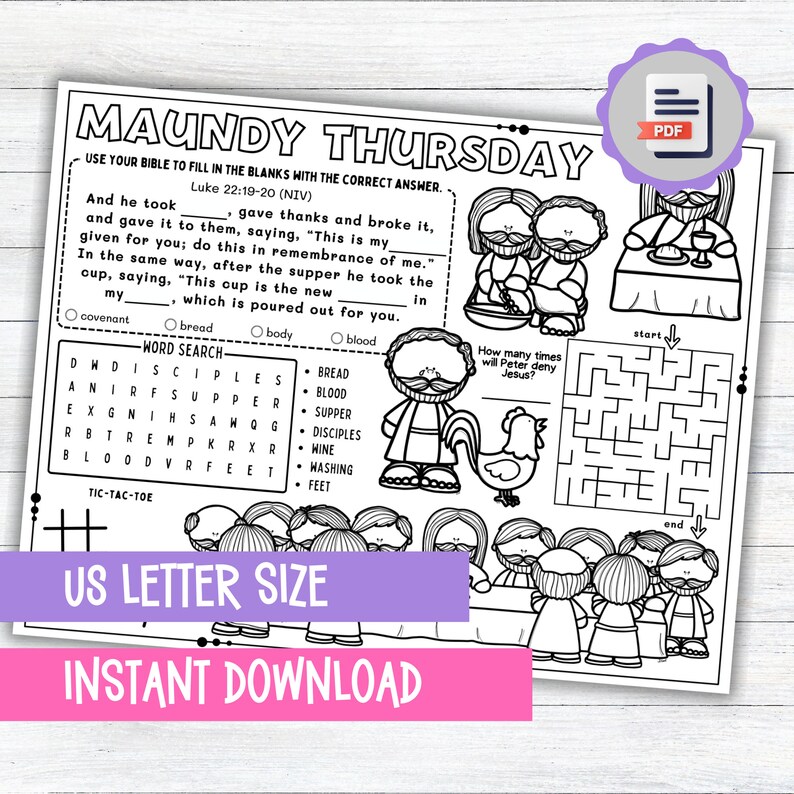 Maundy Thursday Activity Placemat, Holy Week, Lenten Season Coloring ...