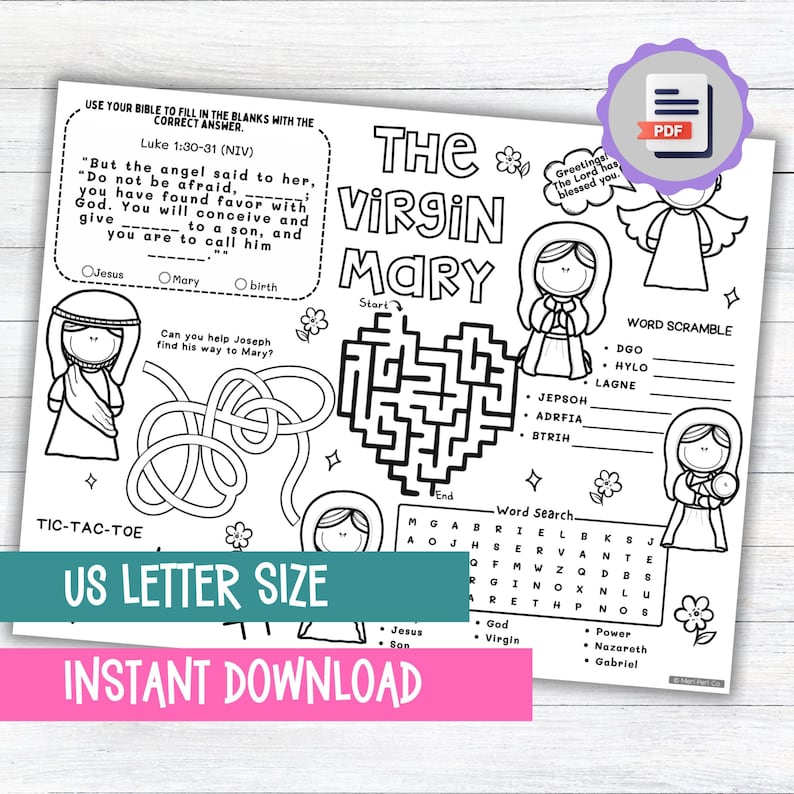 The Virgin Mary Activity Placemat, Nativity, Christmas Bible Story ...