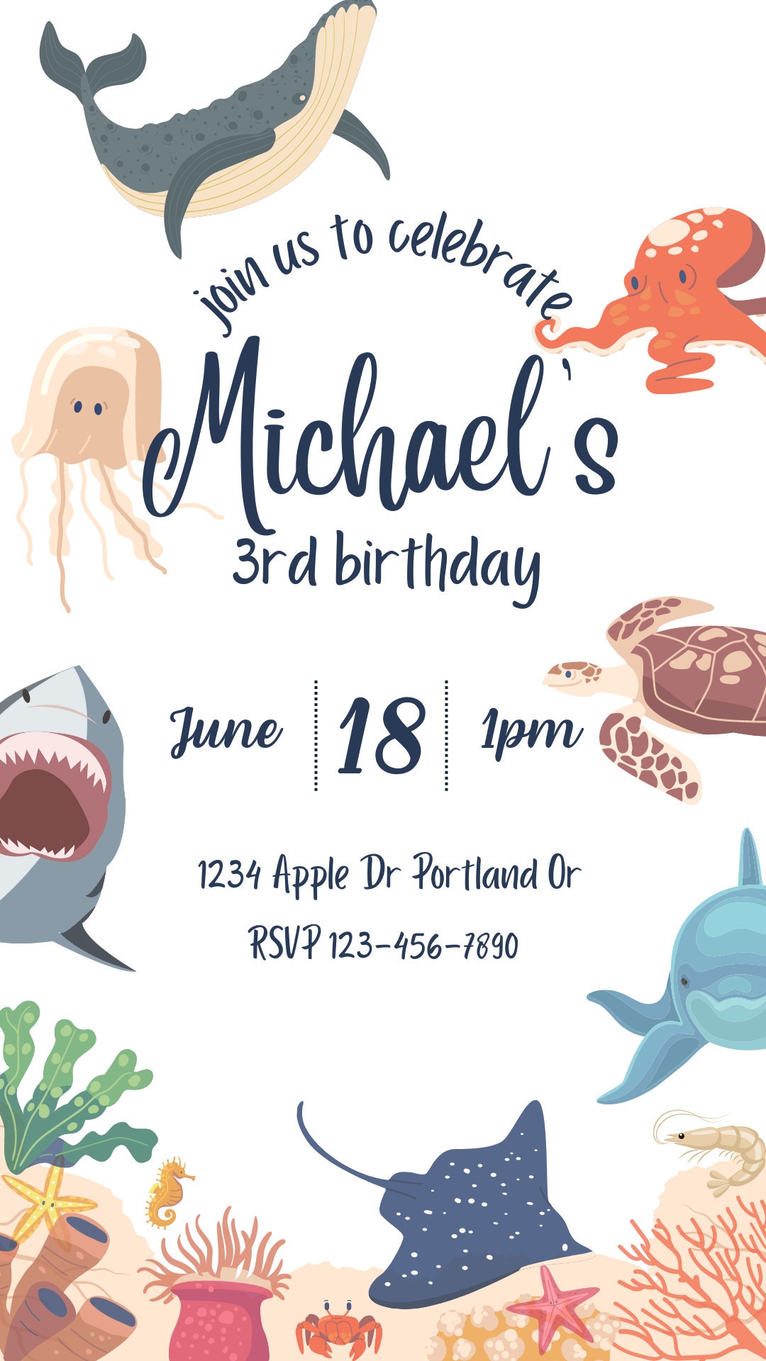 Ocean Children Birthday Template, Sea Animal Birthday Invitation ...