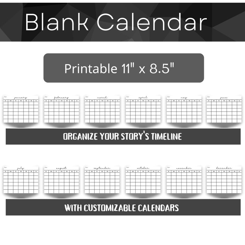 Monthly Blank Calendar Template 11 X 8.5 in Horizontal - Printable PDF ...