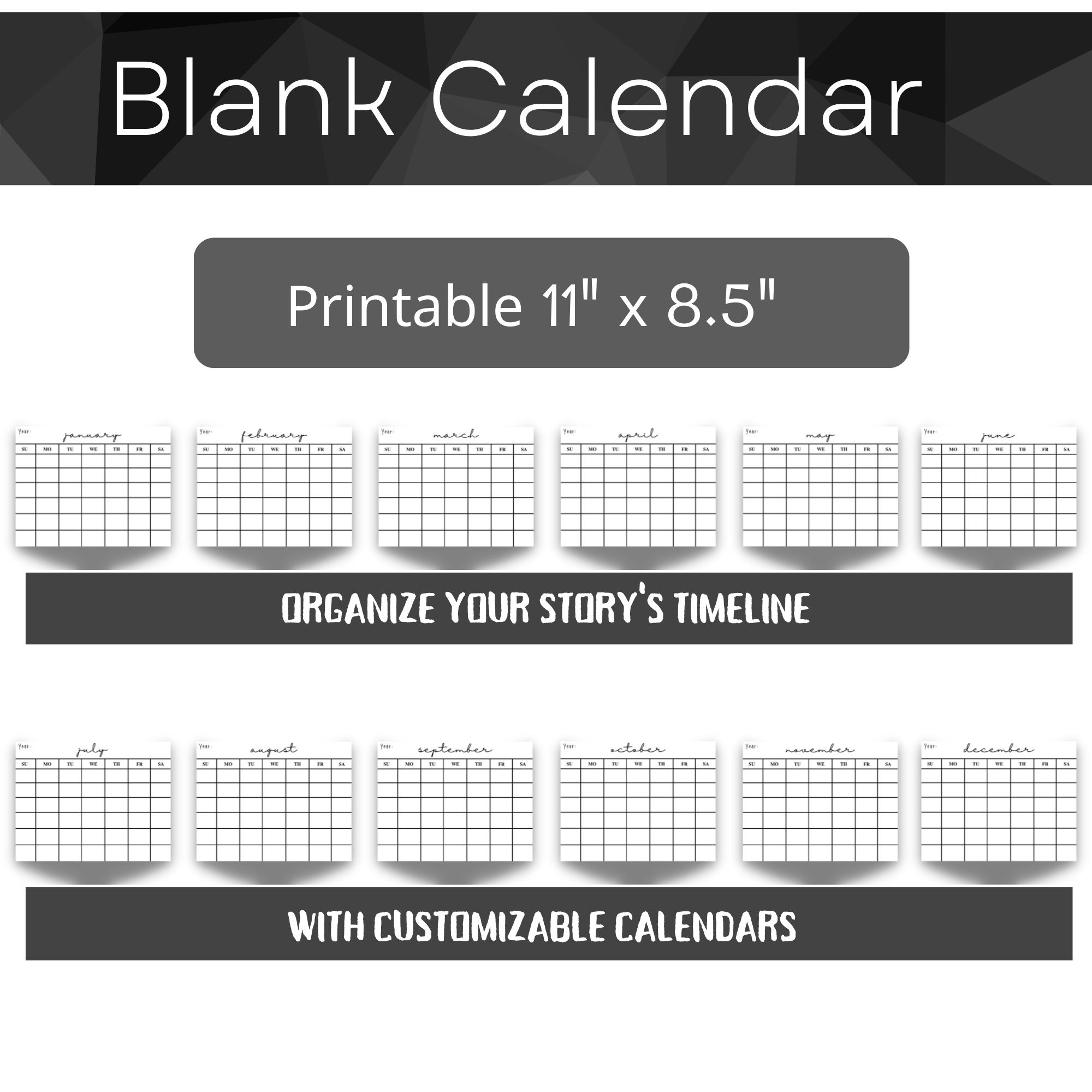 Monthly Blank Calendar Template 11 X 8.5 in Horizontal - Printable PDF ...