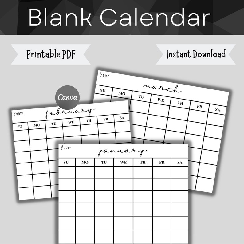Monthly Blank Calendar Template 11 X 8.5 in Horizontal - Printable PDF ...
