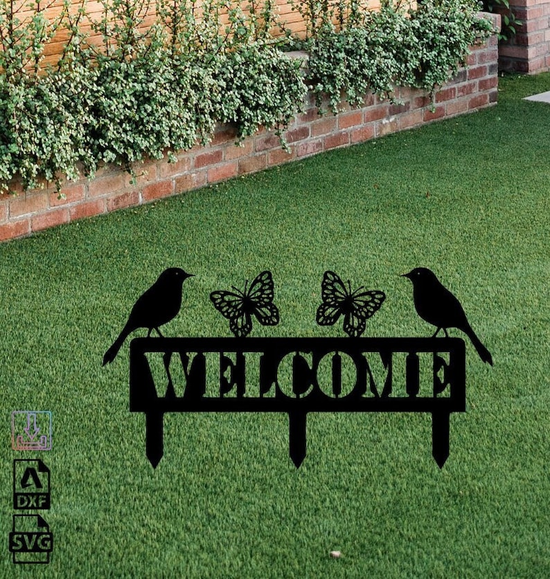 Welcome Sign With Butterflies And Birds Dxf Svg Laser Cut Files