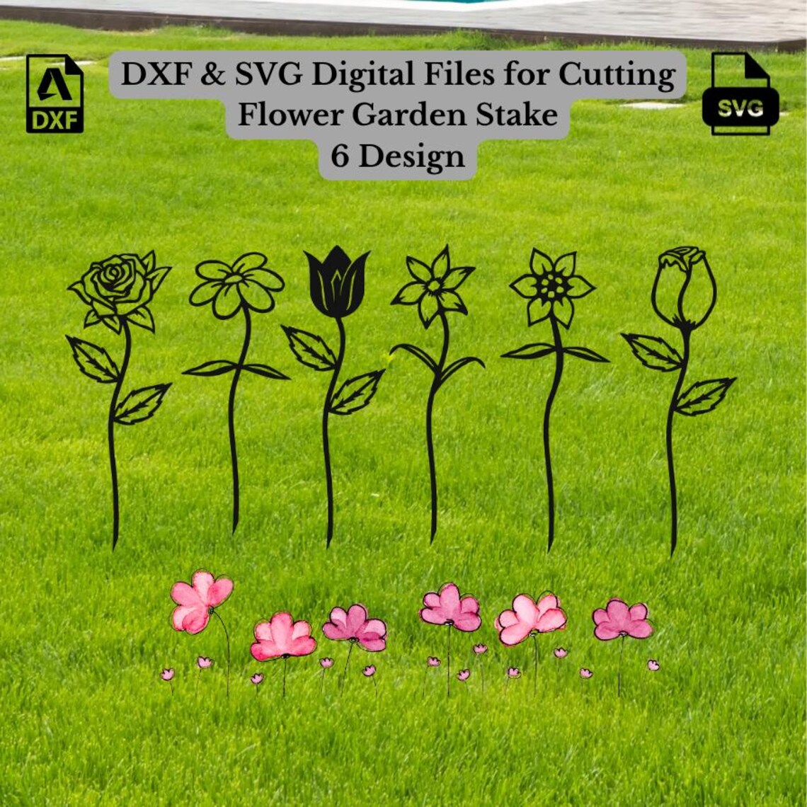 Metal Flowers Garden Stakes DXF SVG Files | Metal Rose Decor Dxf Files ...