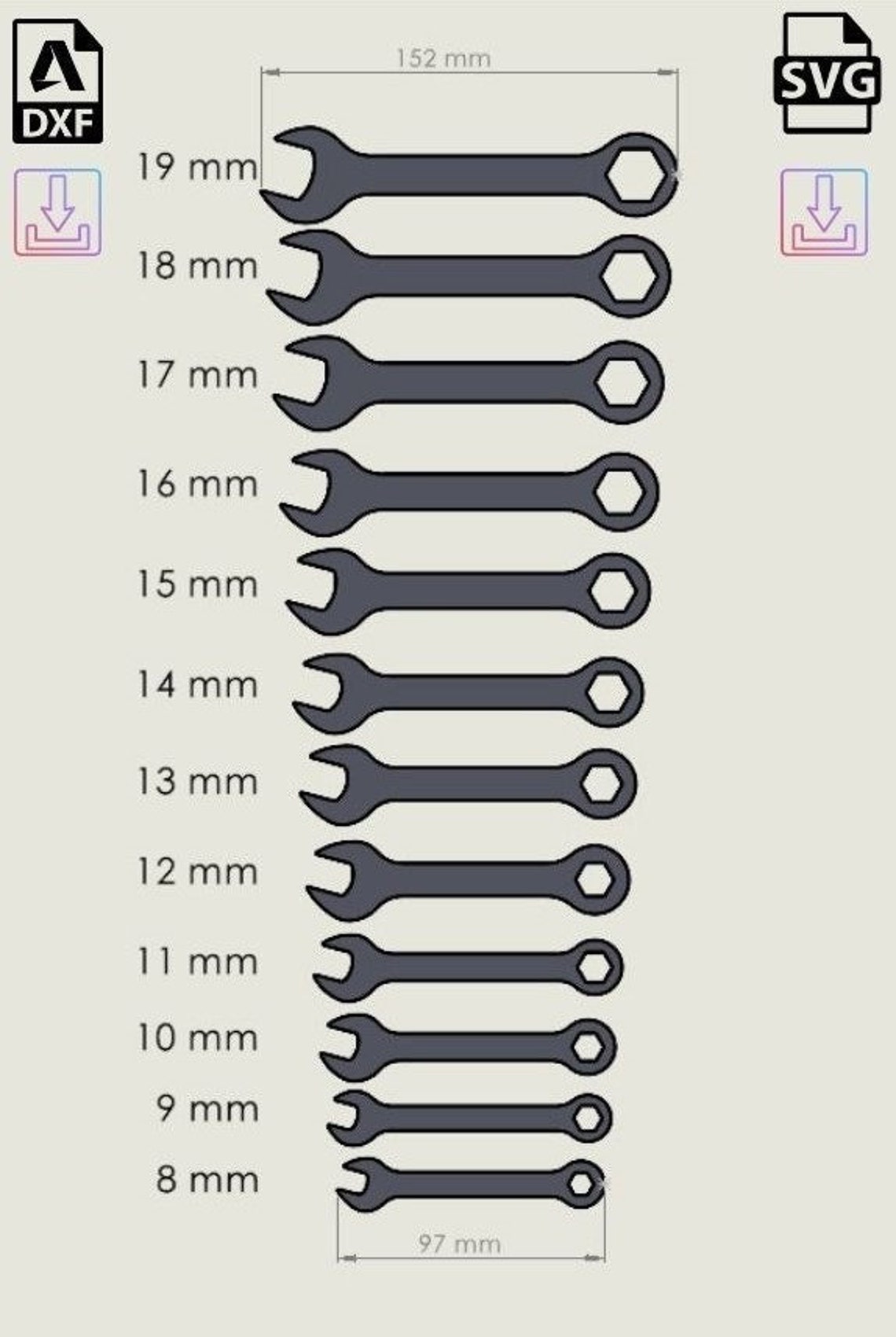 12 Pcs. Wrench Design Dxf and Svg Files, Wrench Laser Cut Files ...