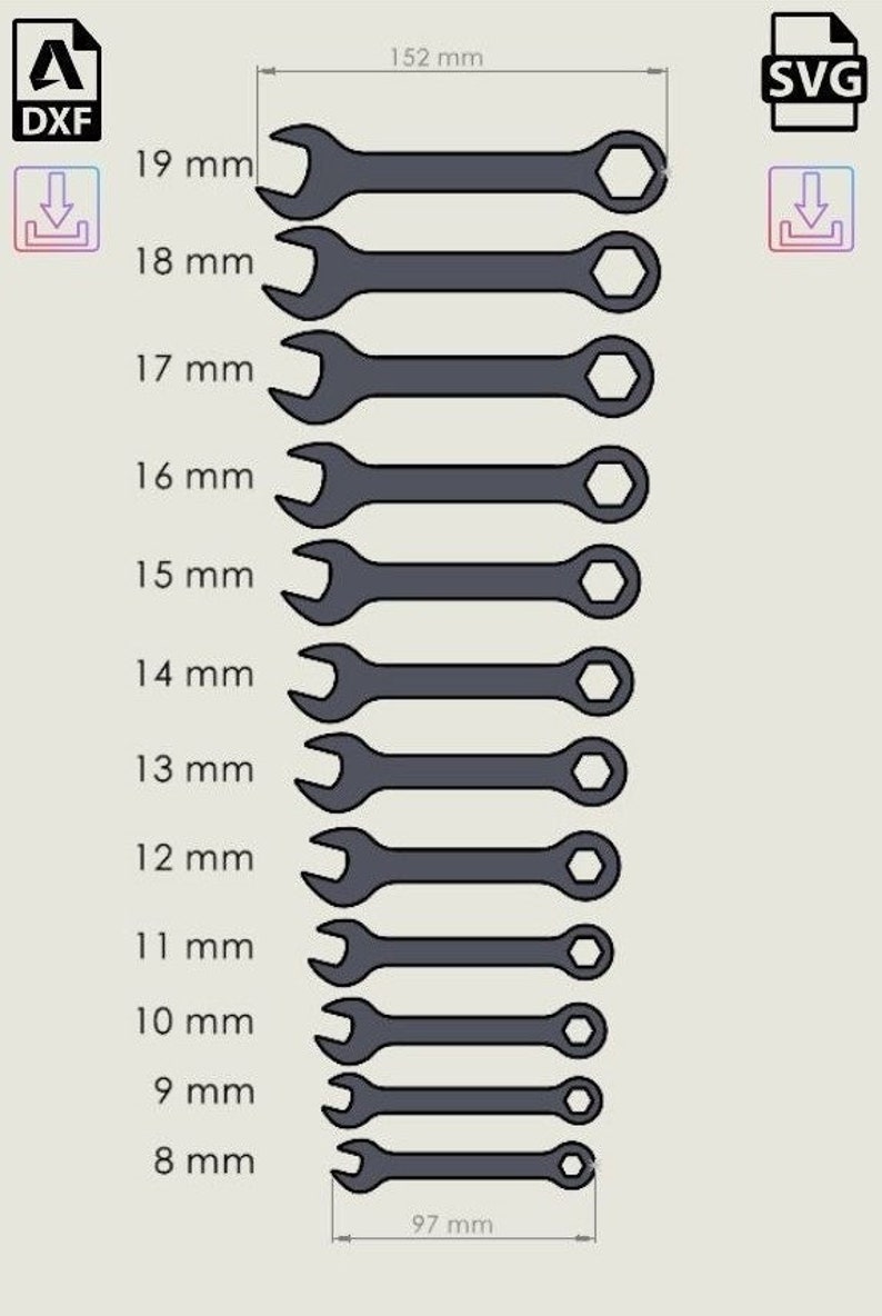 12 Pcs. Wrench Design Dxf and Svg Files, Wrench Laser Cut Files ...