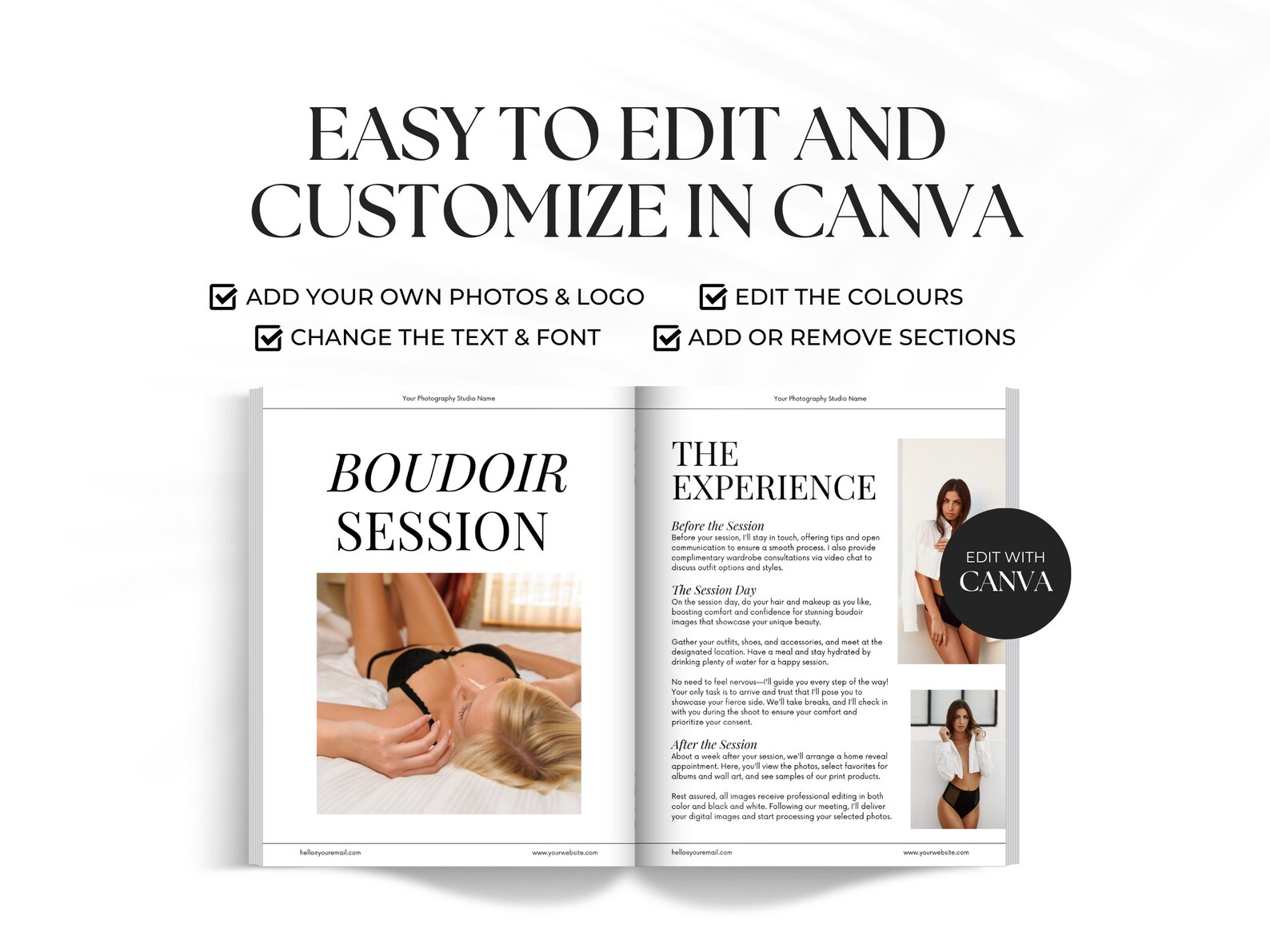 Boudoir Session Prep Guide, Boudoir Style Guide, Boudoir Photography Marketing Template Canva ...