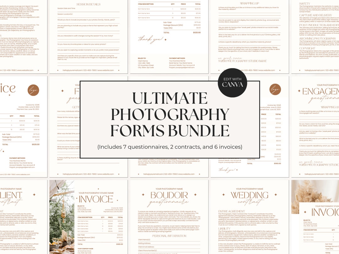 Photography Forms Bundle, Client Contract, Questionnaire, Invoice ...